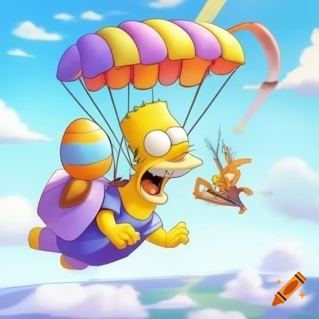 Funny Easter egg with rabbit paragliding in Simpsons style, text 'Buona ...