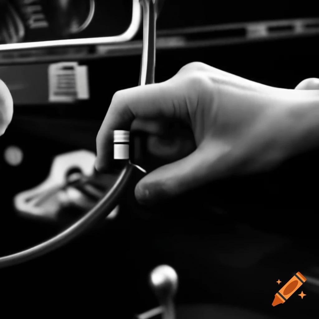 Black and white film noir closeup of hand turning metal key in 1973 ...