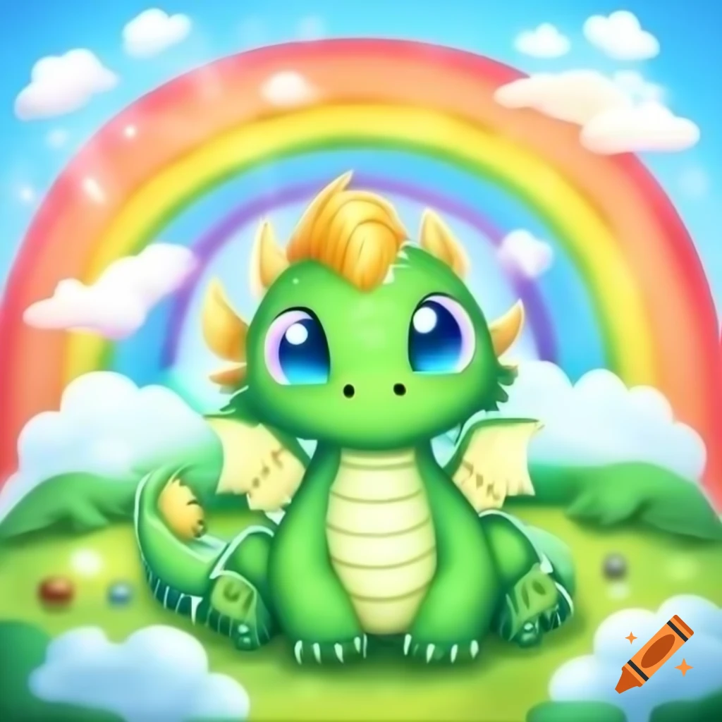 Cover illustration of small friendly dragon Dazzle on a rainbow with ...
