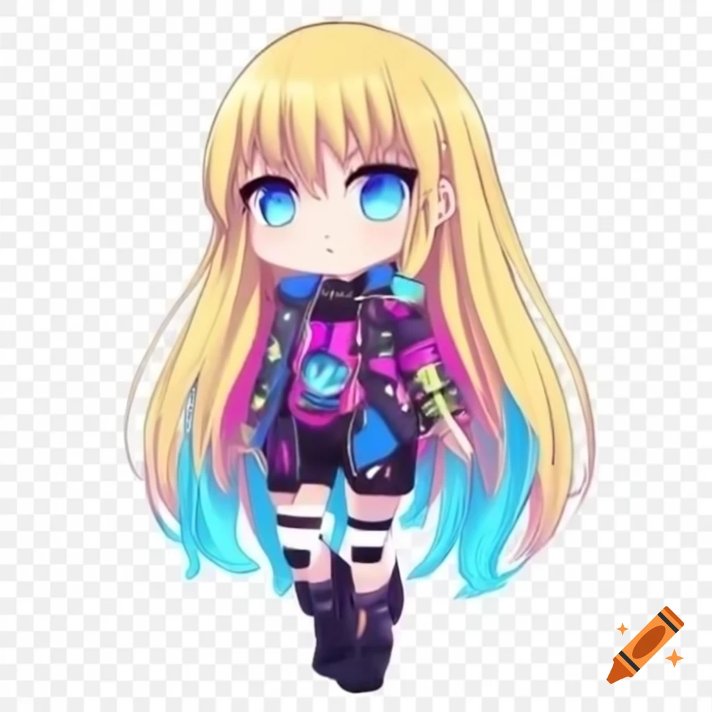 Chibi anime girl in oversized cyberpunk jacket smiling with blue ...