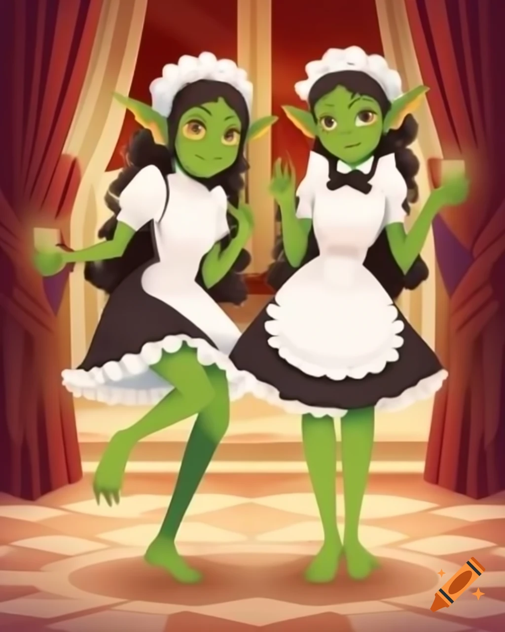 Two green-skinned goblin girls in maid outfits curtsying in a mansion on Craiyon