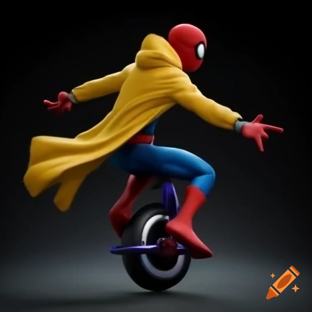 Realistic portrayal of Spider-Man riding electric unicycle wearing a ...