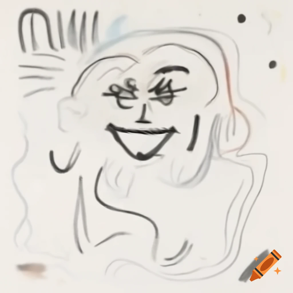 Abstract line drawing of laughing face with geometric curves and stains ...
