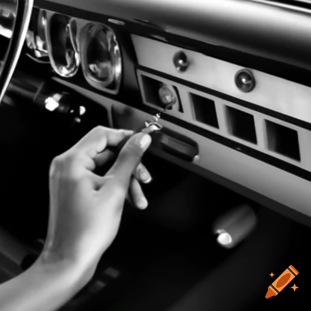 Black and white film noir closeup of hand turning metal key in 1973 ...