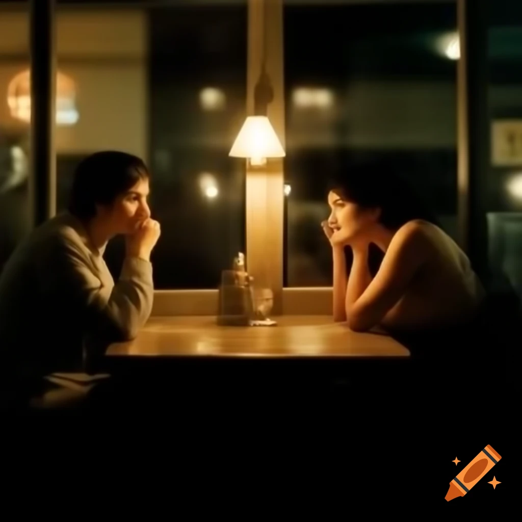 Cozy dimly lit café with warm candlelight ambiance, featuring a man and ...