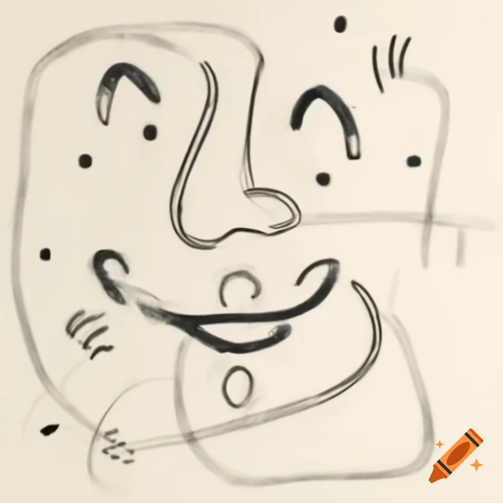 Abstract line drawing of laughing face with geometric curves and stains ...