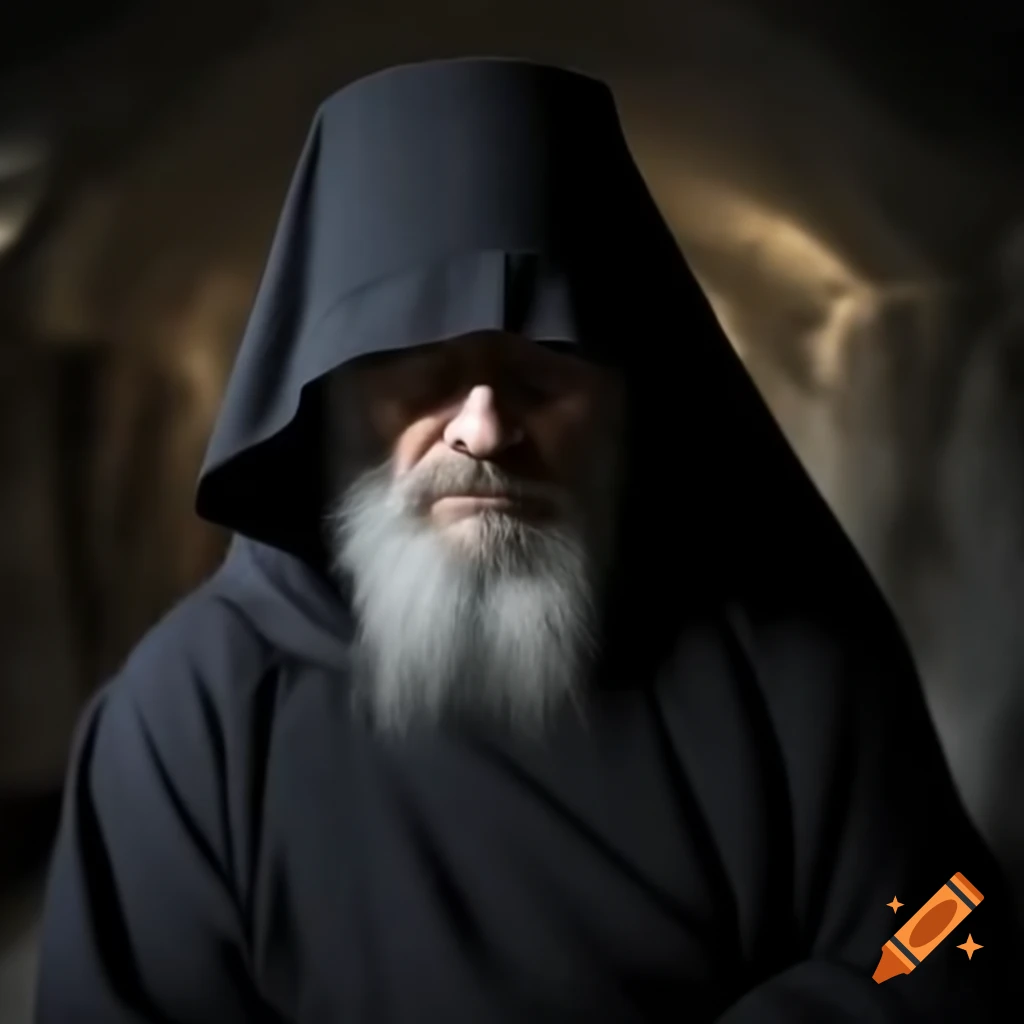 Greek orthodox monk in dark crypt with hooded face leaning forward on Craiyon
