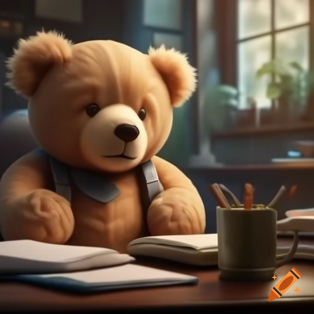 Student teaching teddy bear on study table in cartoon style on Craiyon