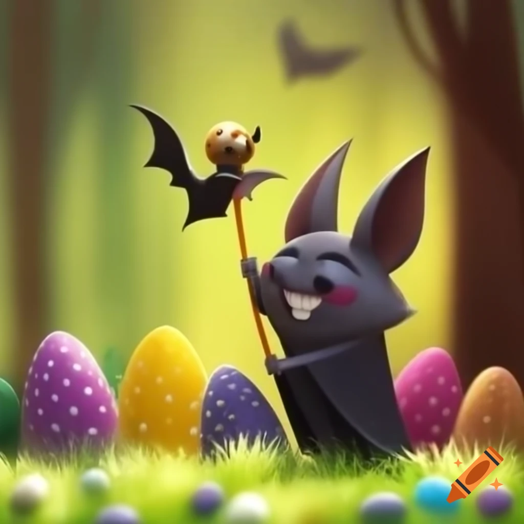 Easter-themed illustration featuring a bat and cheerful greeting on Craiyon