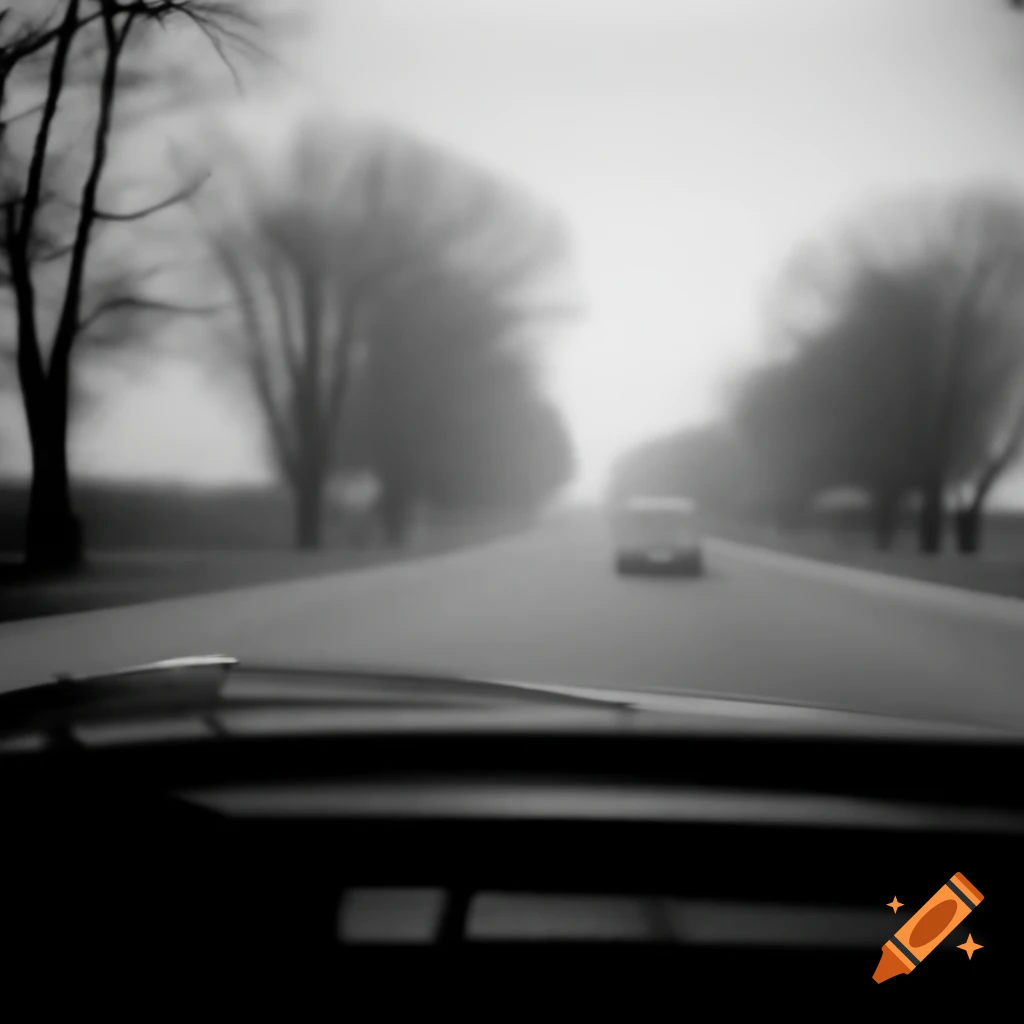 Black and white film noir driver's POV of car speeding through rural ...