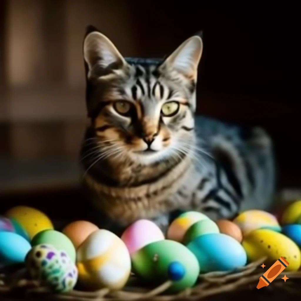 Tabby cat with M markings on forehead surrounded by colorful Easter ...