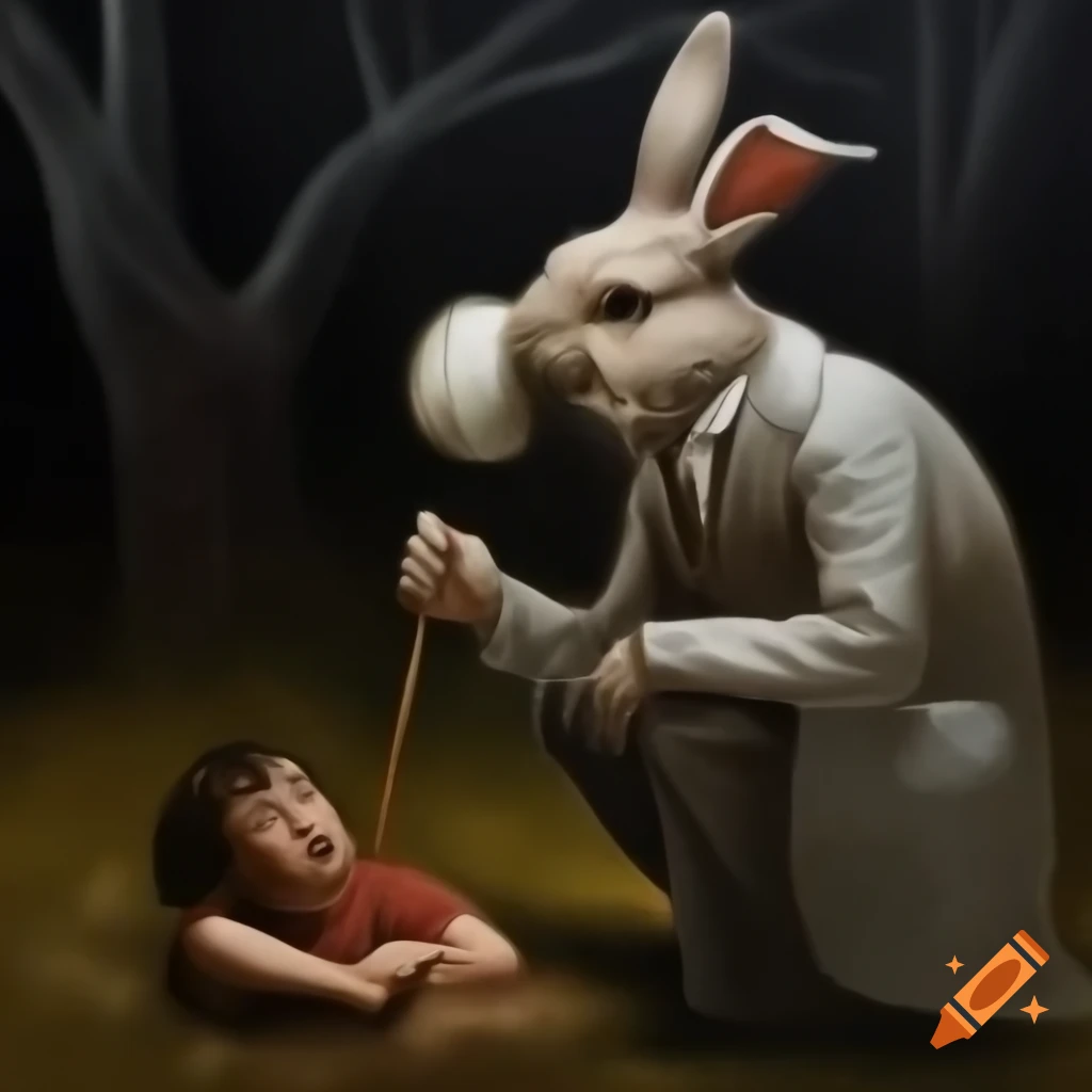 Vintage rabbit costume figure stalking child in haunted forest, Edward ...