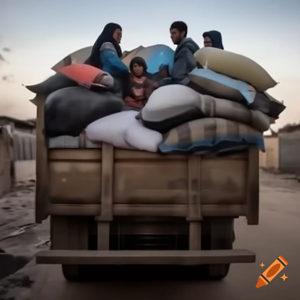 Refugee receiving humanitarian aid from UN truck in war-torn region on ...