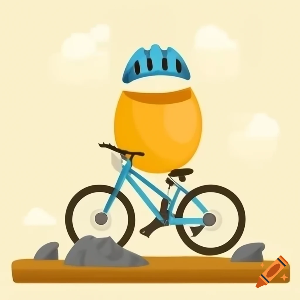 Humorous egg riding mountain bike down rocky trail wearing helmet on ...