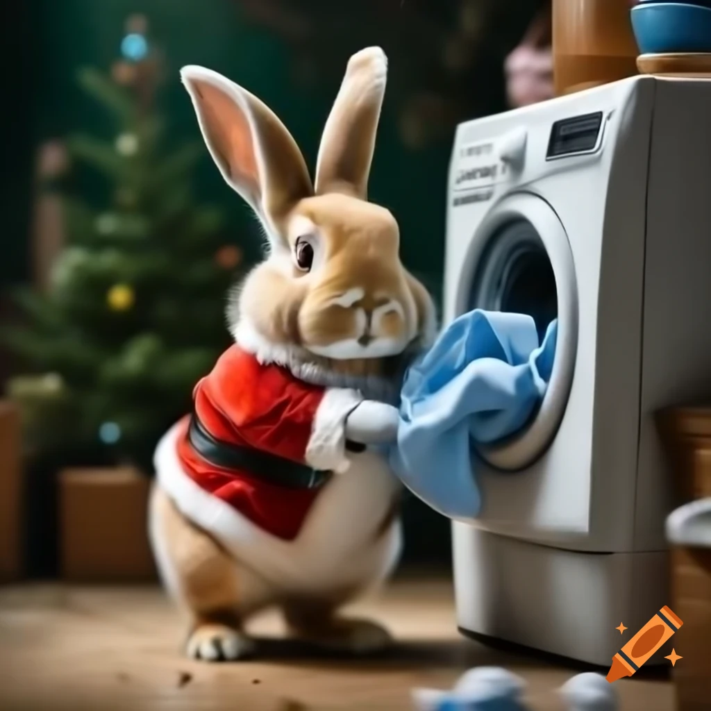 Easter Bunny doing Santa Claus's laundry in washing machine on Craiyon
