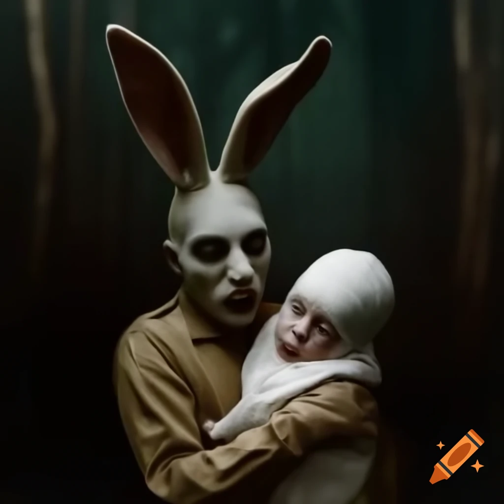 Vintage rabbit costume character in dark forest with frightened child, Edward Hopper style on ...