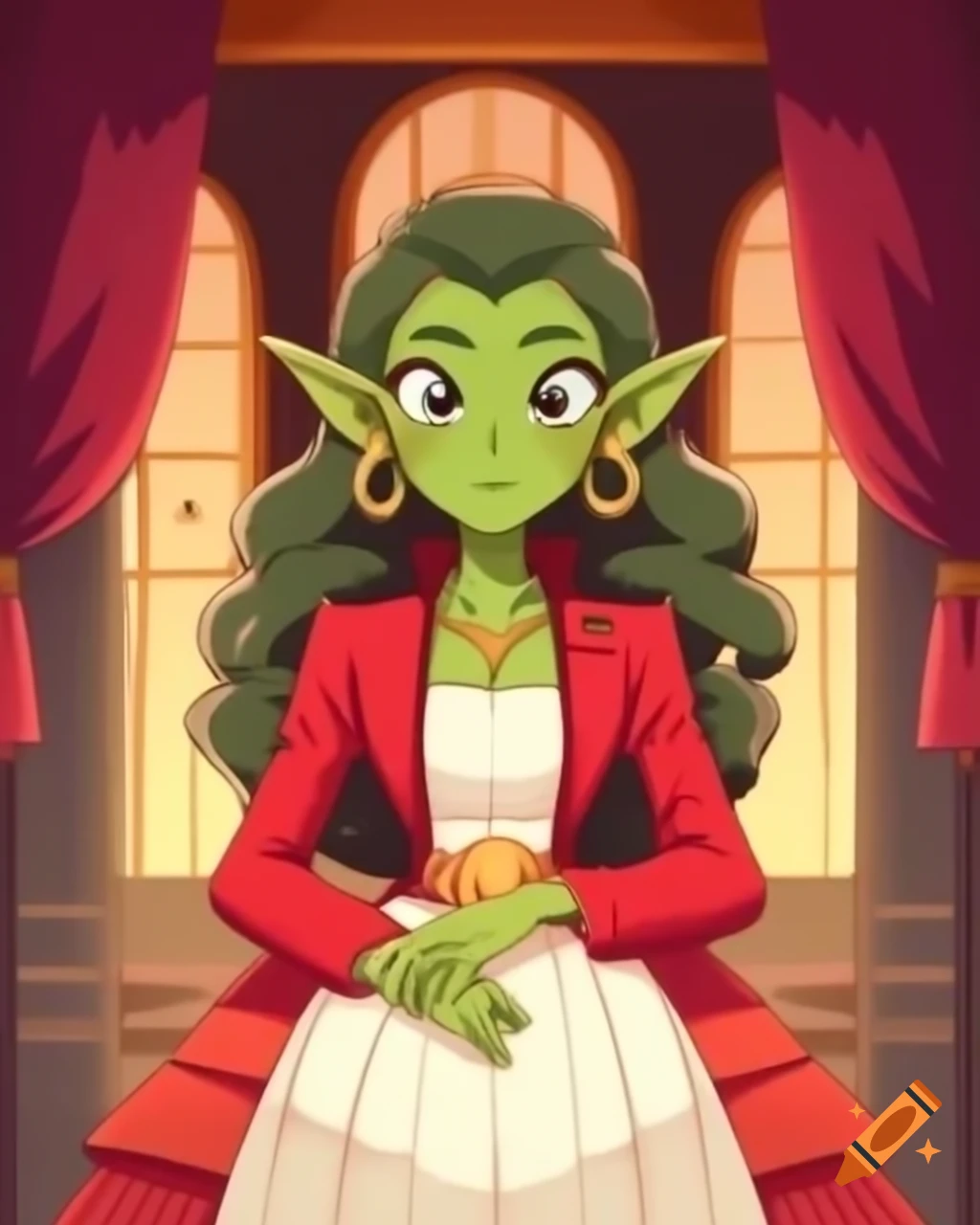 Cheeky green-skinned goblin girl in elegant outfit curtsying in mansion on Craiyon