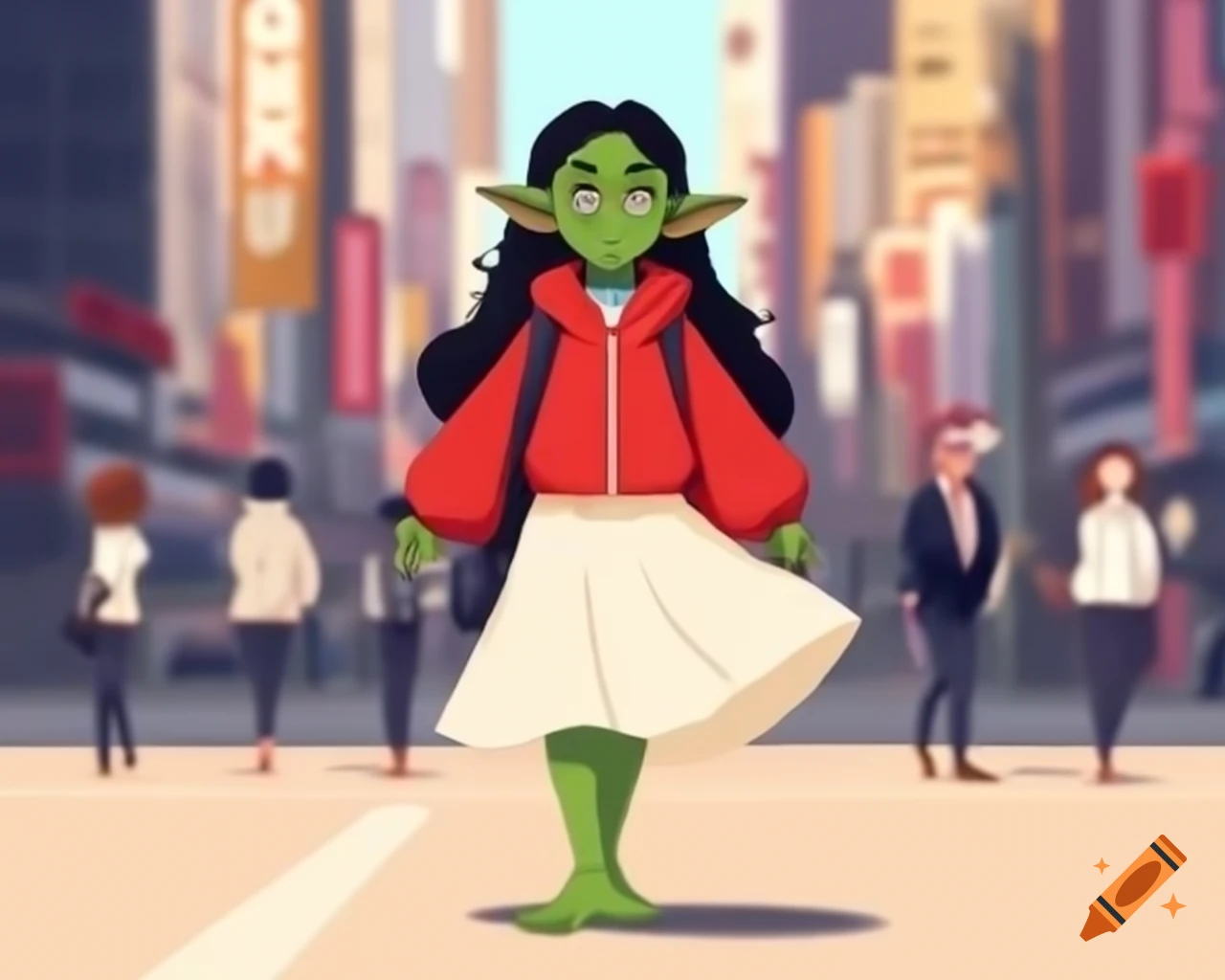 Mischievous green-skinned goblin girl in red jacket and cream skirt ...