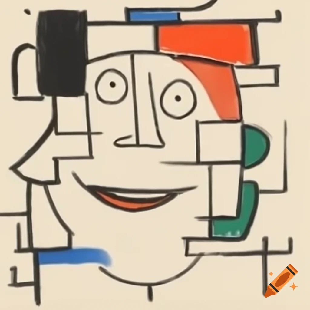 Abstract line drawing of a laughing face in Mondrian and Picasso style ...