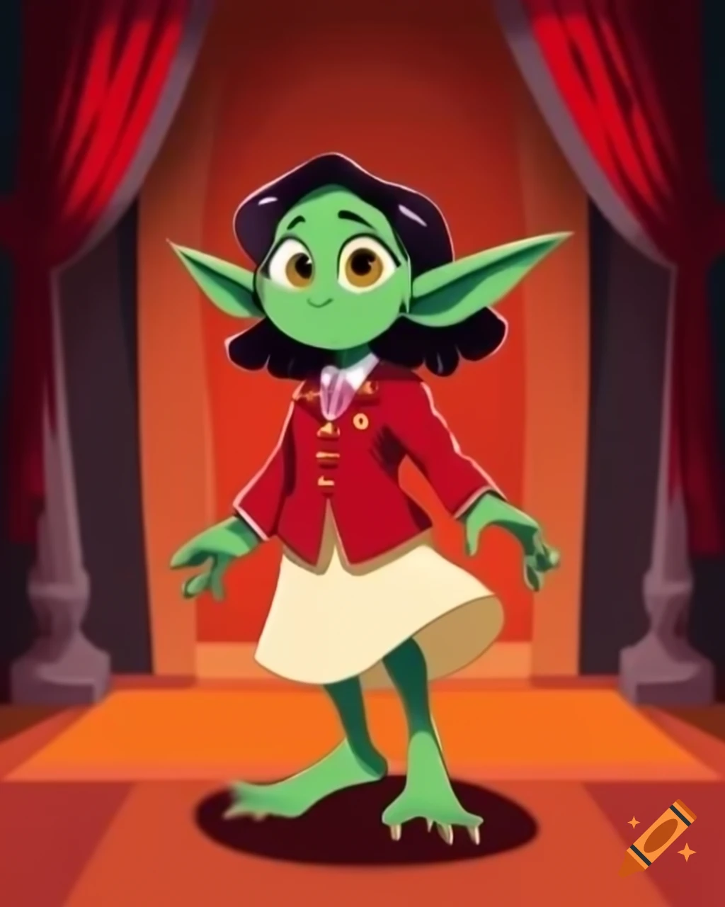 Mischievous green-skinned goblin girl in elegant red jacket curtsying ...