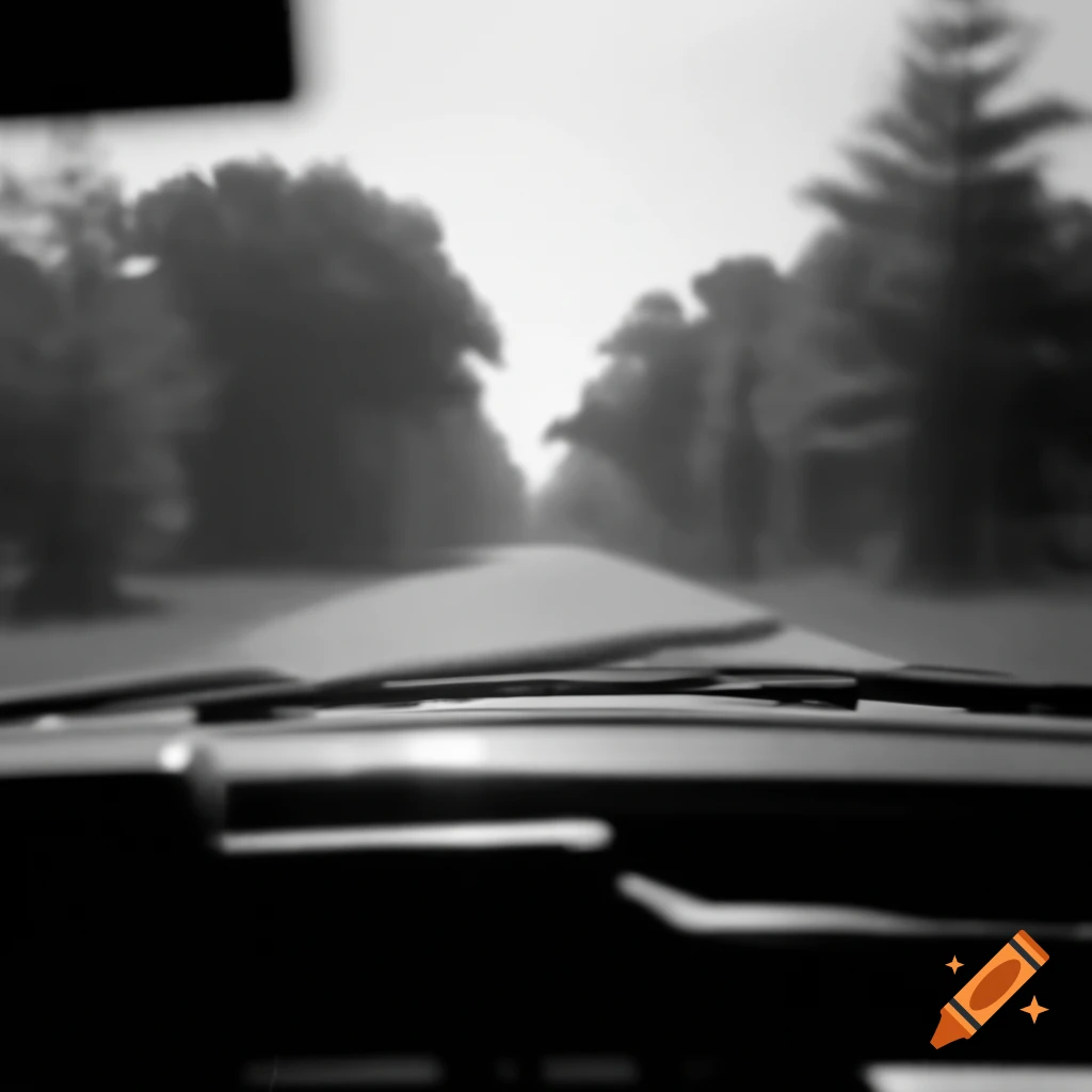 Black and white film noir driver's POV of car speeding through rural ...