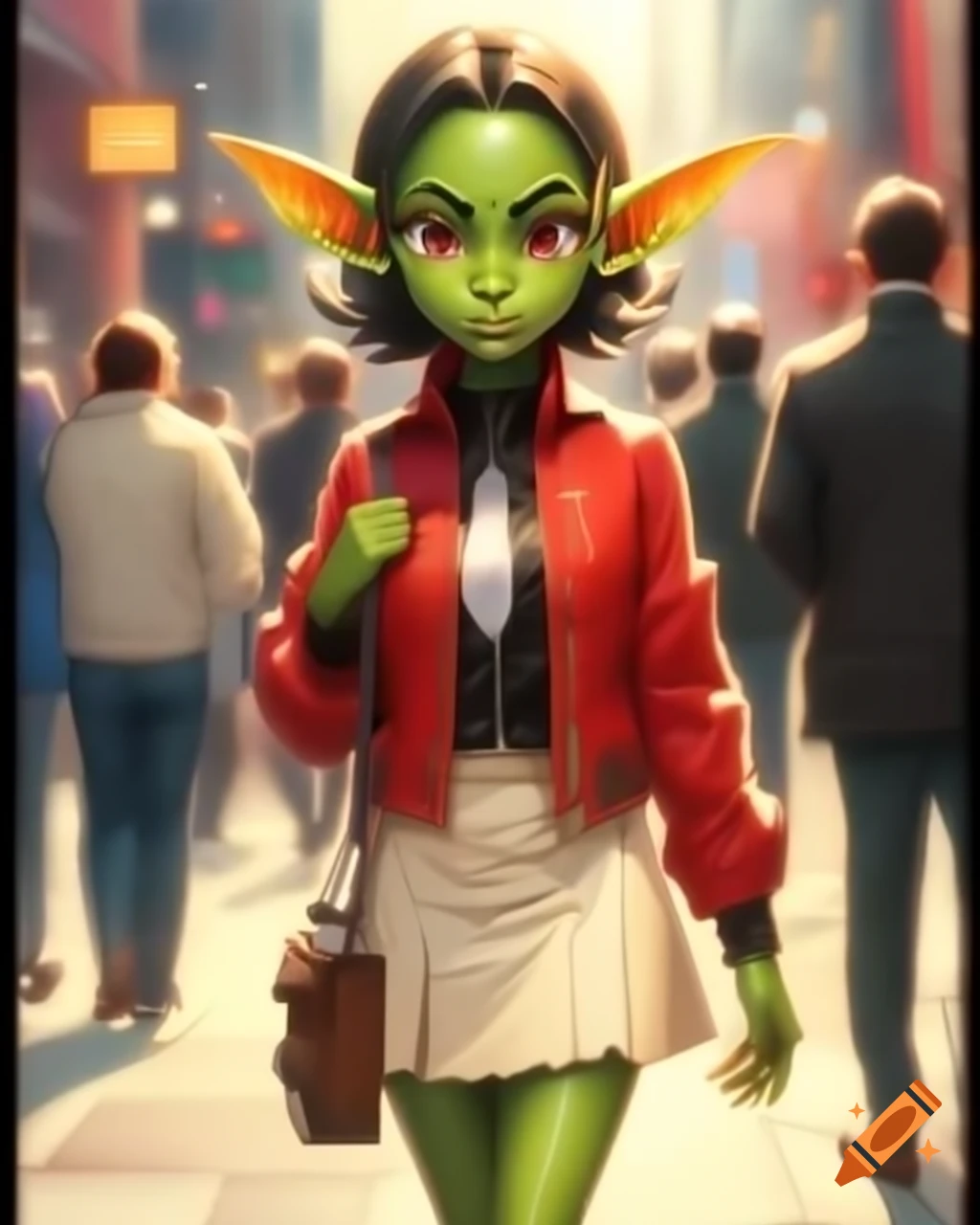 Mischievous green-skinned goblin girl in red jacket walking in crowded ...