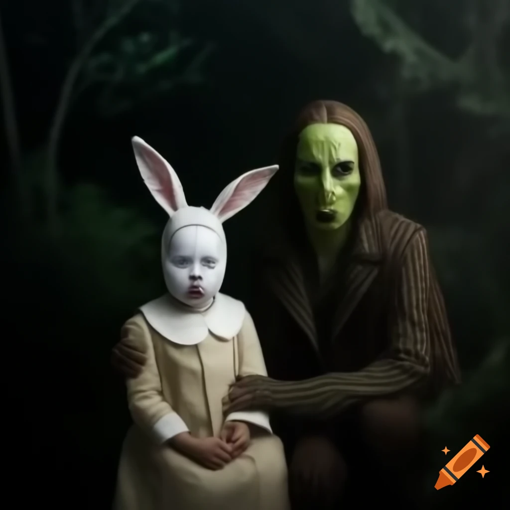 Vintage rabbit costume figure following frightened child in dark forest ...