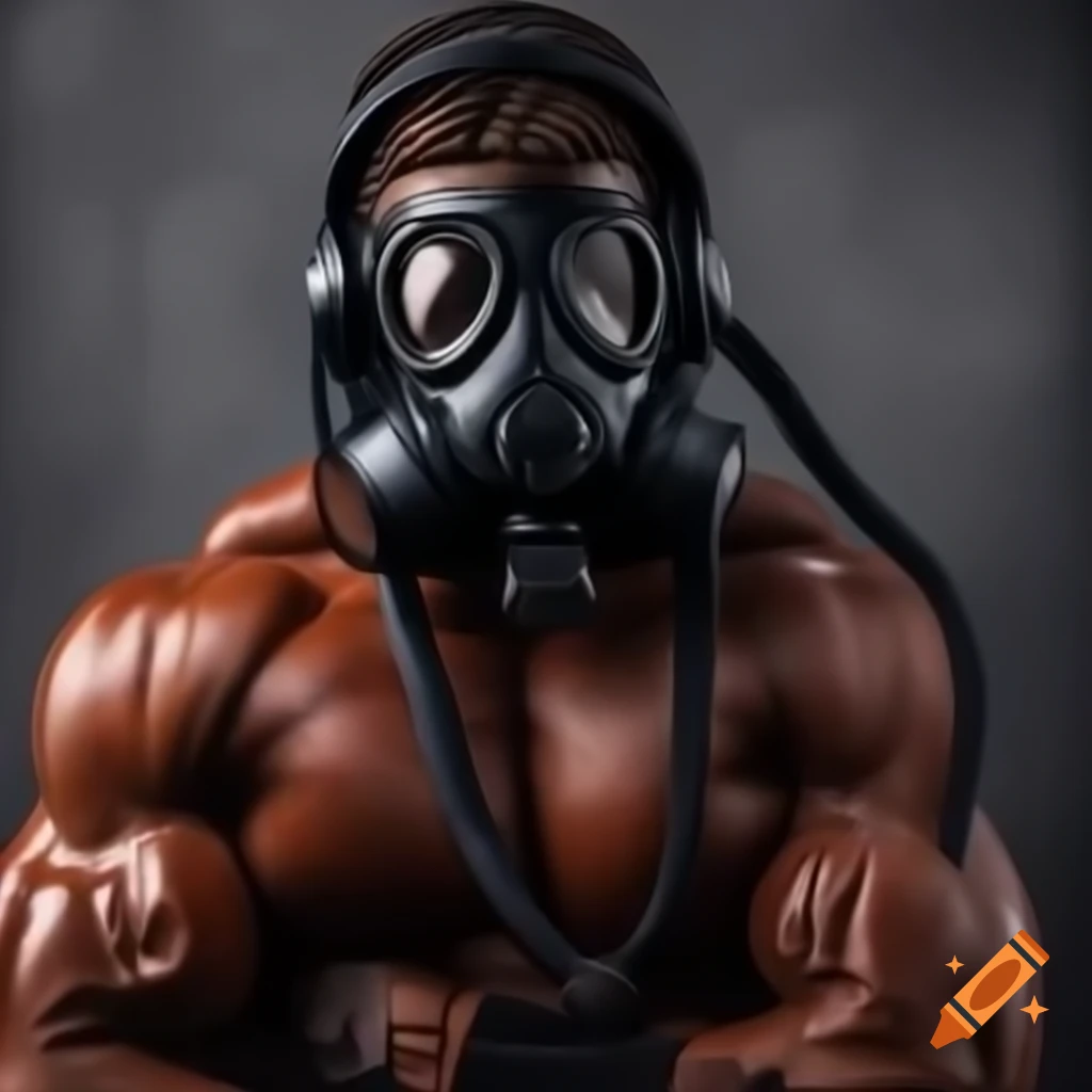 Muscular rebel character in gas mask, anime style on Craiyon