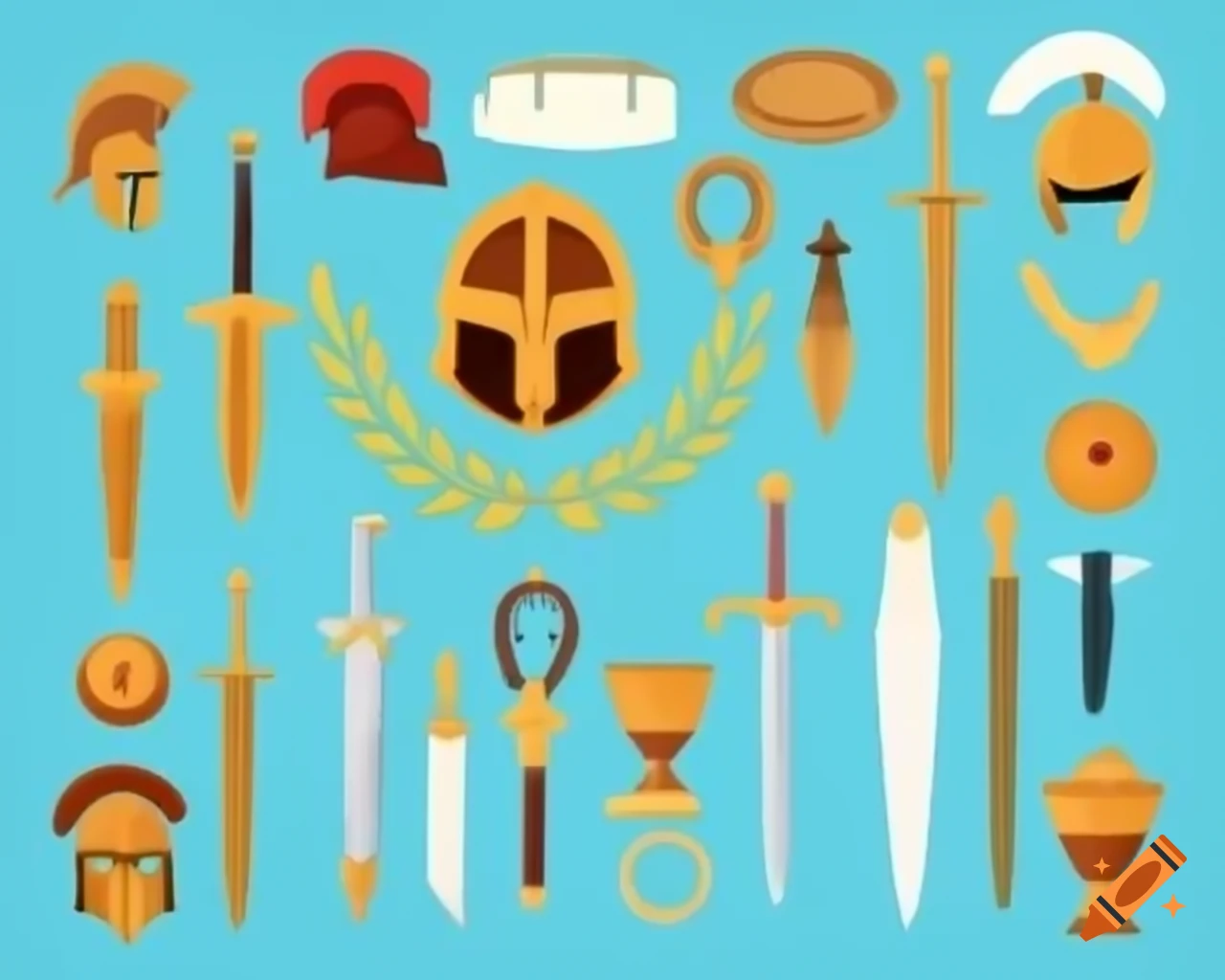 Historical items including swords, spear, Greek helmet, shield, castle ...