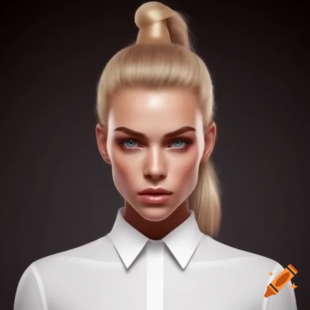 Super realistic portrait of blonde woman with sleek bun hairstyle and ...