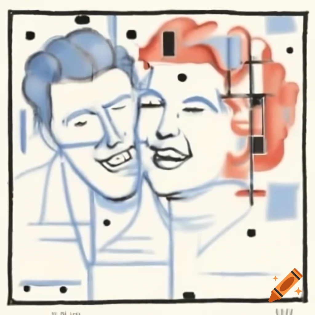 Abstract expressionist drawing of two laughing profiles with geometric ...