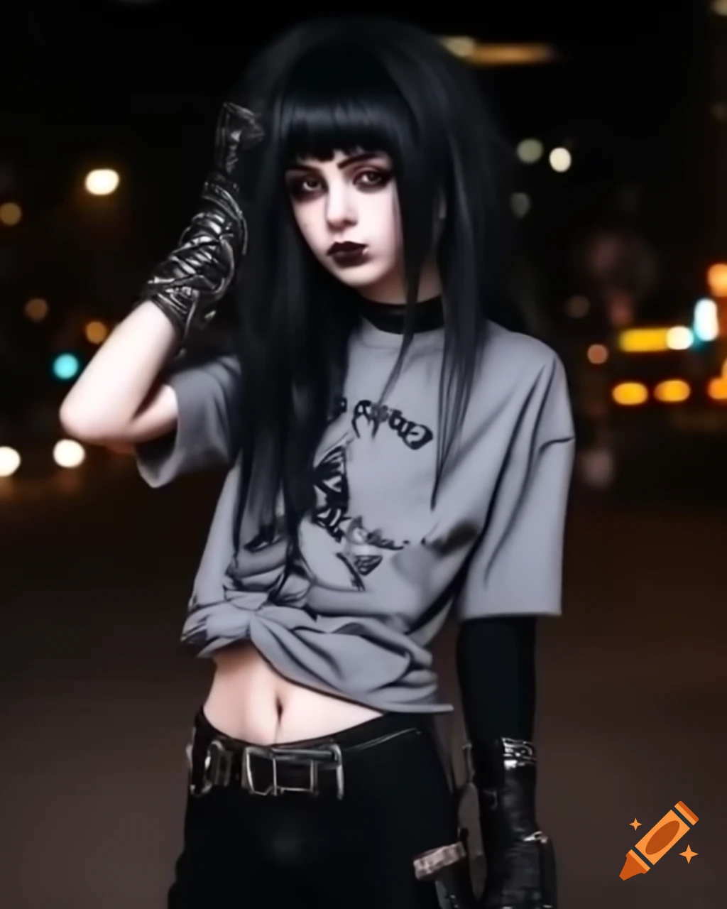 Emo girl in urban night setting wearing stylish grey and black outfit ...