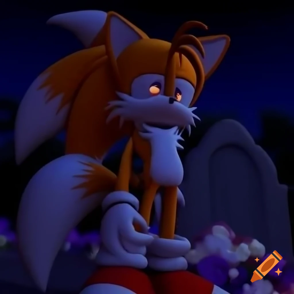 Tails the Fox with angry expression and tears holding bouquet at grave ...