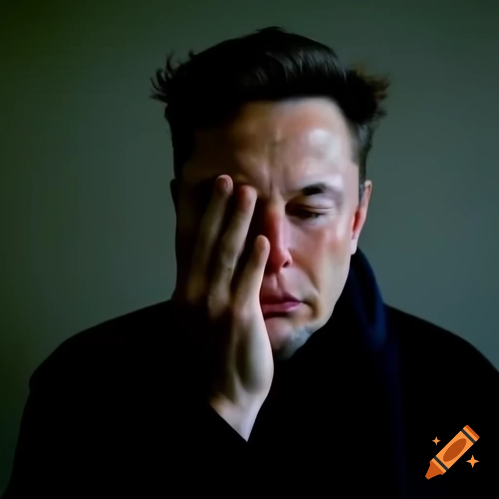 Stressed and sad expression of a person resembling Elon Musk on Craiyon