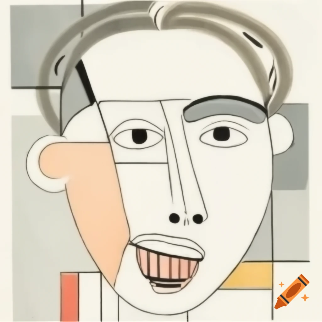 Abstract line drawing of a laughing face in cubism and expressionism ...