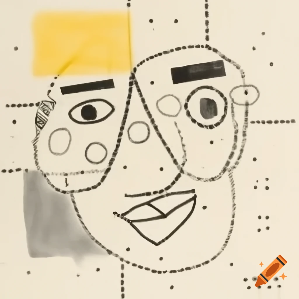 Abstract line drawing of a laughing face in cubism and expressionism ...