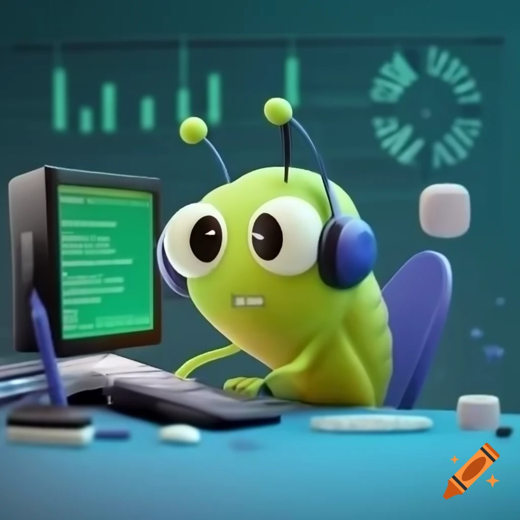 Cartoon bug coding on computer with headphones and graphs on screen on Craiyon
