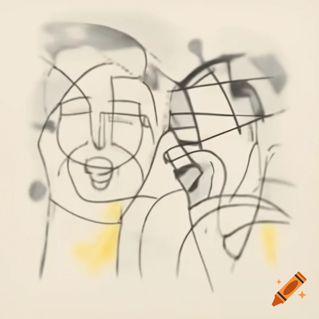 Abstract line drawing of two profiles laughing with geometric curves ...