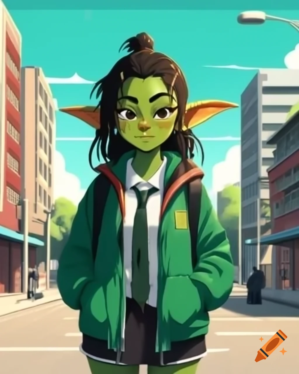 Anime depiction of barefoot green-skinned goblin girl in college jacket ...