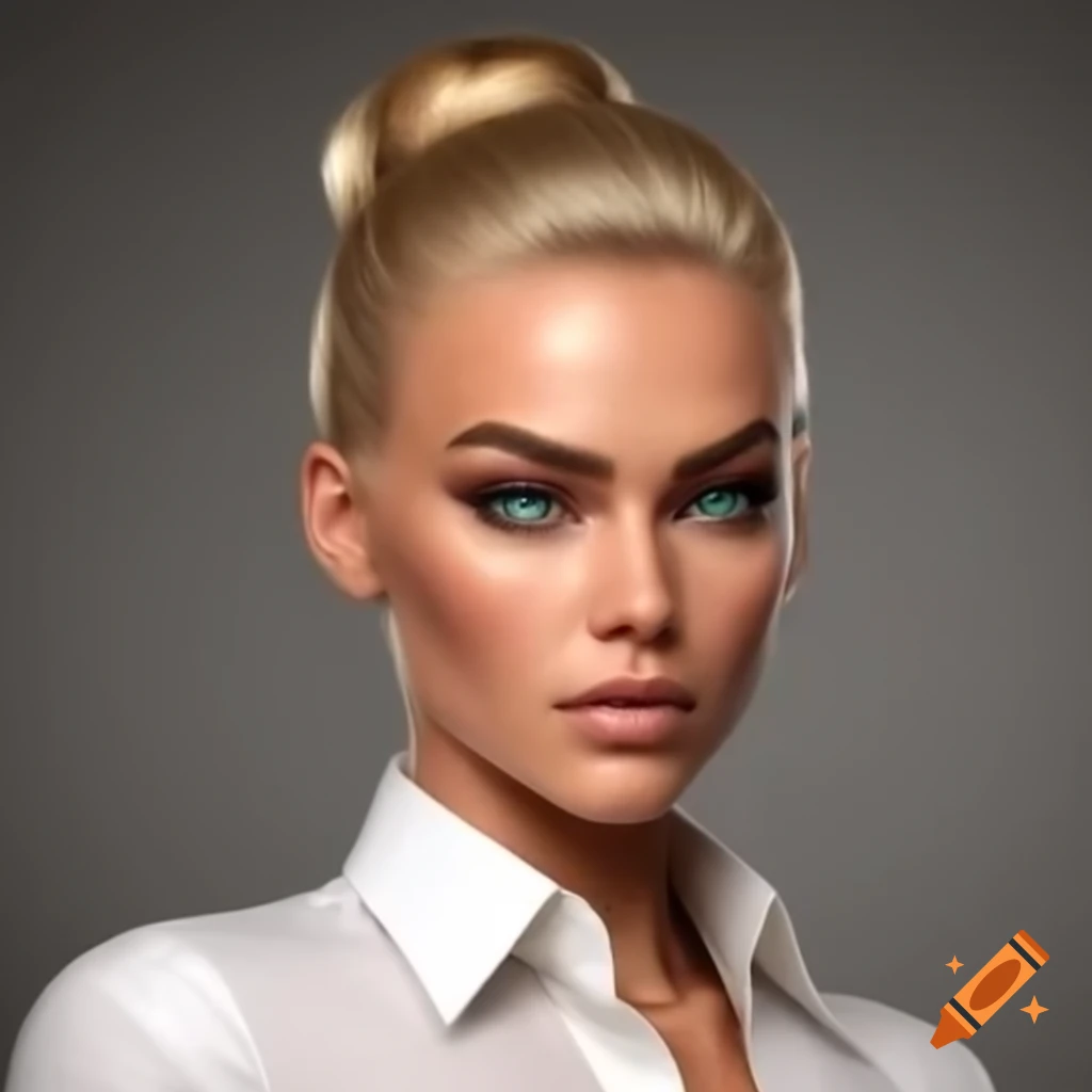 Super realistic portrait of blonde woman with sleek bun hairstyle and ...