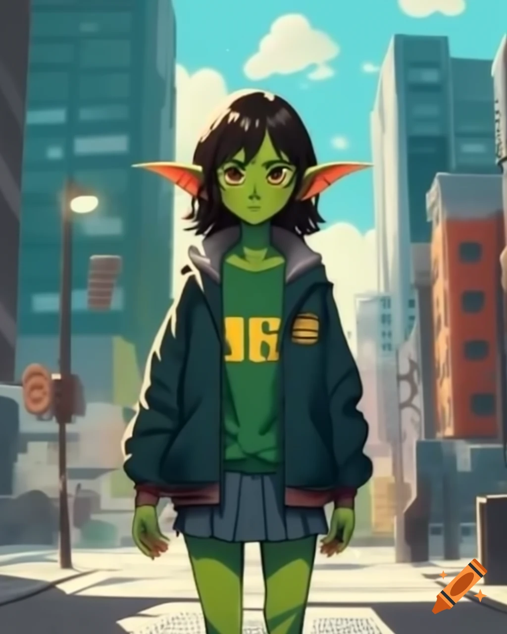 Barefoot green-skinned goblin girl in college jacket in modern city ...