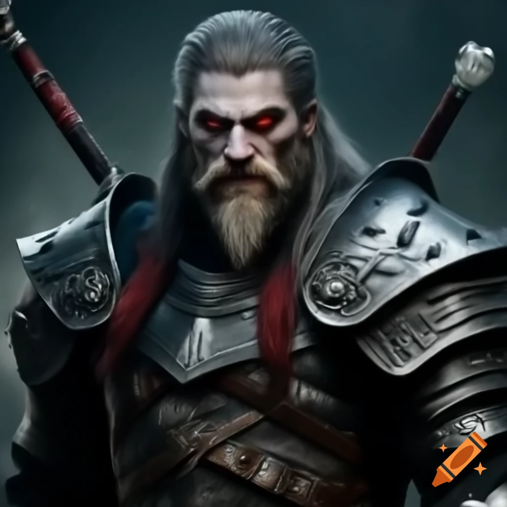 Witcher bear-school character in silver armor with long beard and bold ...