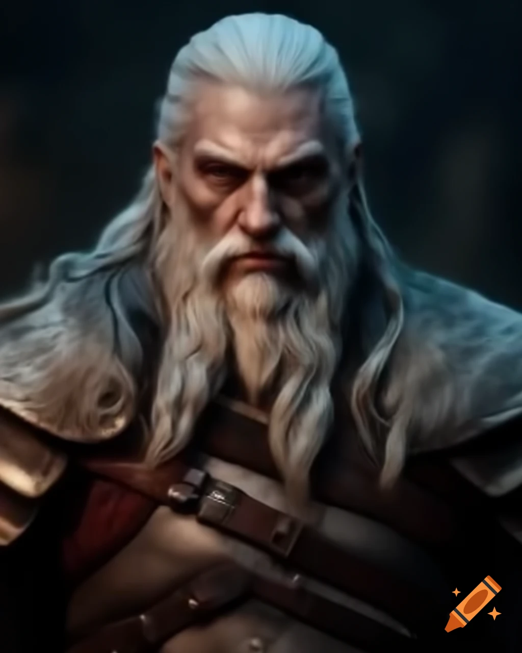 Full-body depiction of a witcher in heavy armor with a long beard on ...