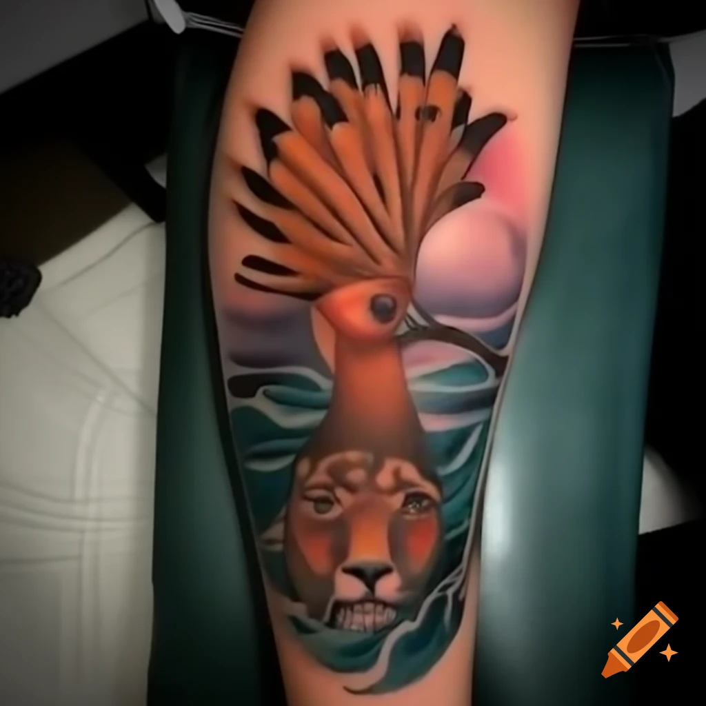 Tattoo design featuring hoopoe, lion with glasses, and sea waves on Craiyon