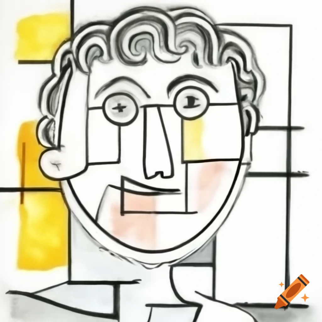 Abstract line drawing of a laughing face in mixed artistic styles on ...