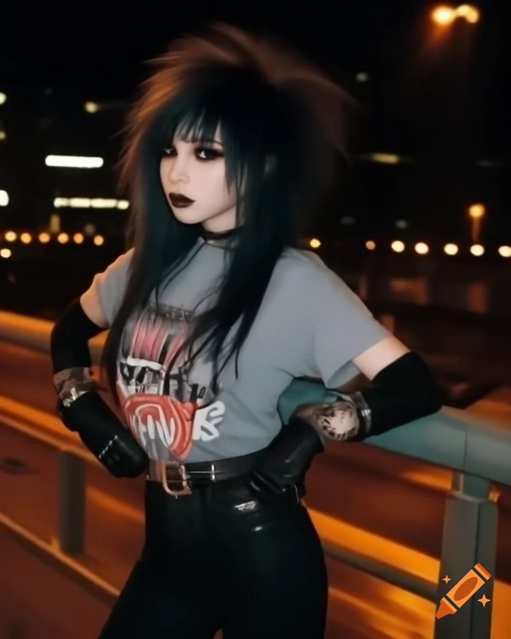 Emo girl with black and grey hair posing in city at night on Craiyon