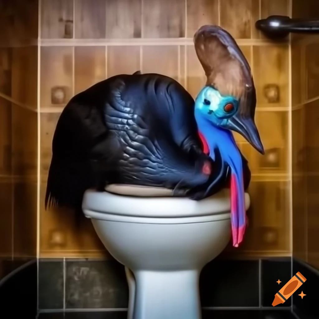 Cassowary bird on a toilet in a humorous setting on Craiyon