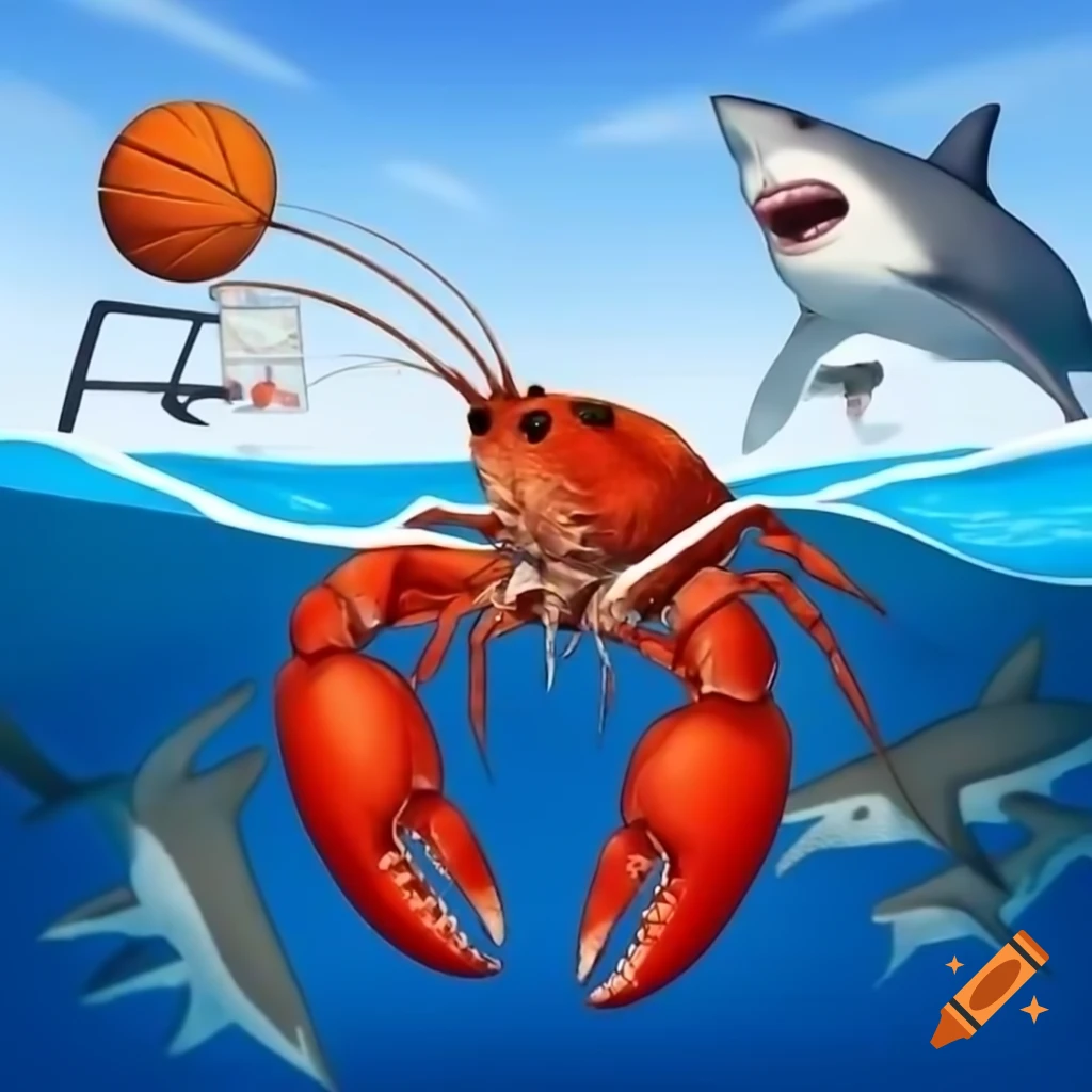 Crayfish playing basketball in the sea with flying sharks in rainy ...