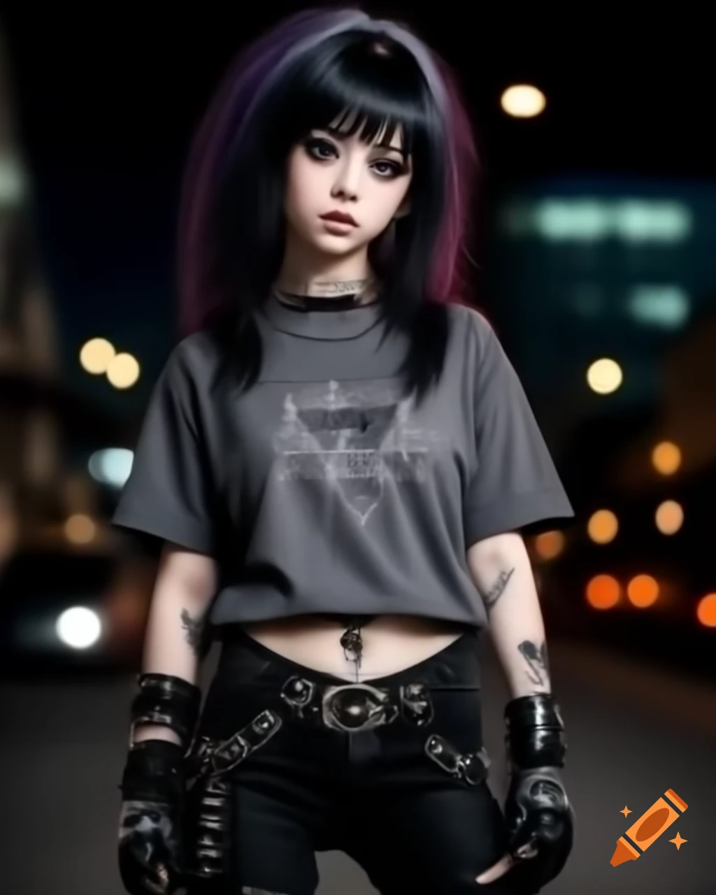 Emo girl in urban night setting wearing stylish grey and black outfit ...