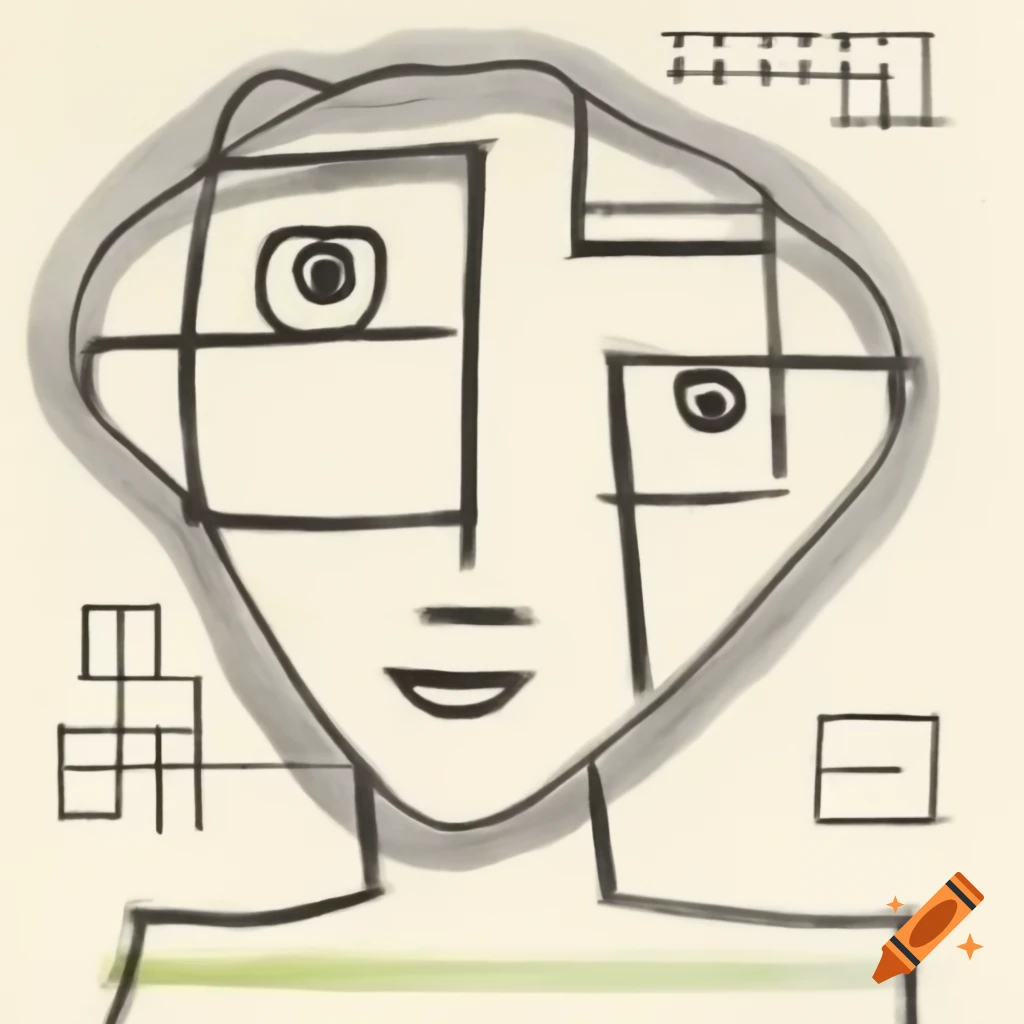 Abstract line drawing of a laughing face in cubism and expressionism ...